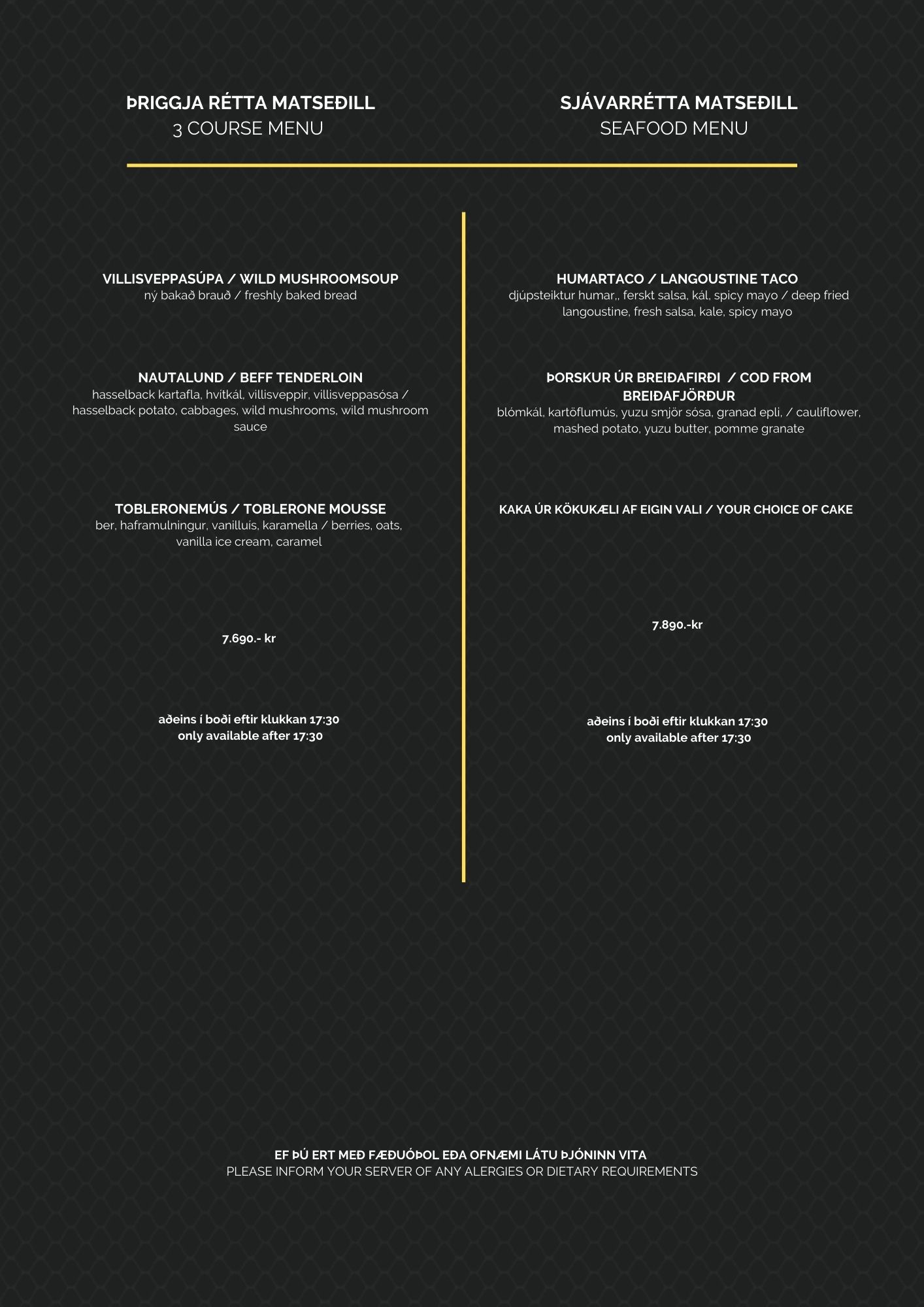 Matseðill / Menu | Sker restaurant